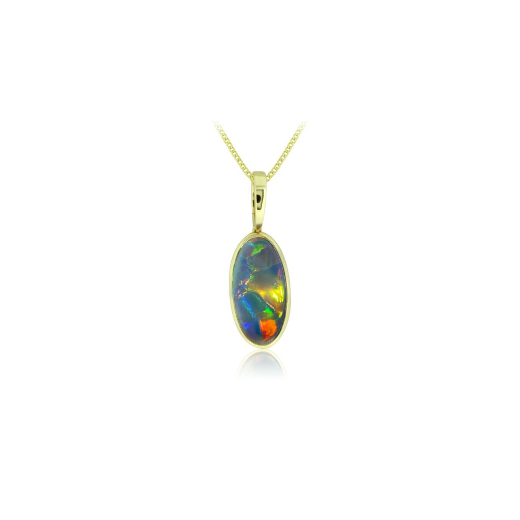 Black Opal Pendant set in 18k Yellow Gold featuring Brilliant Multi ...